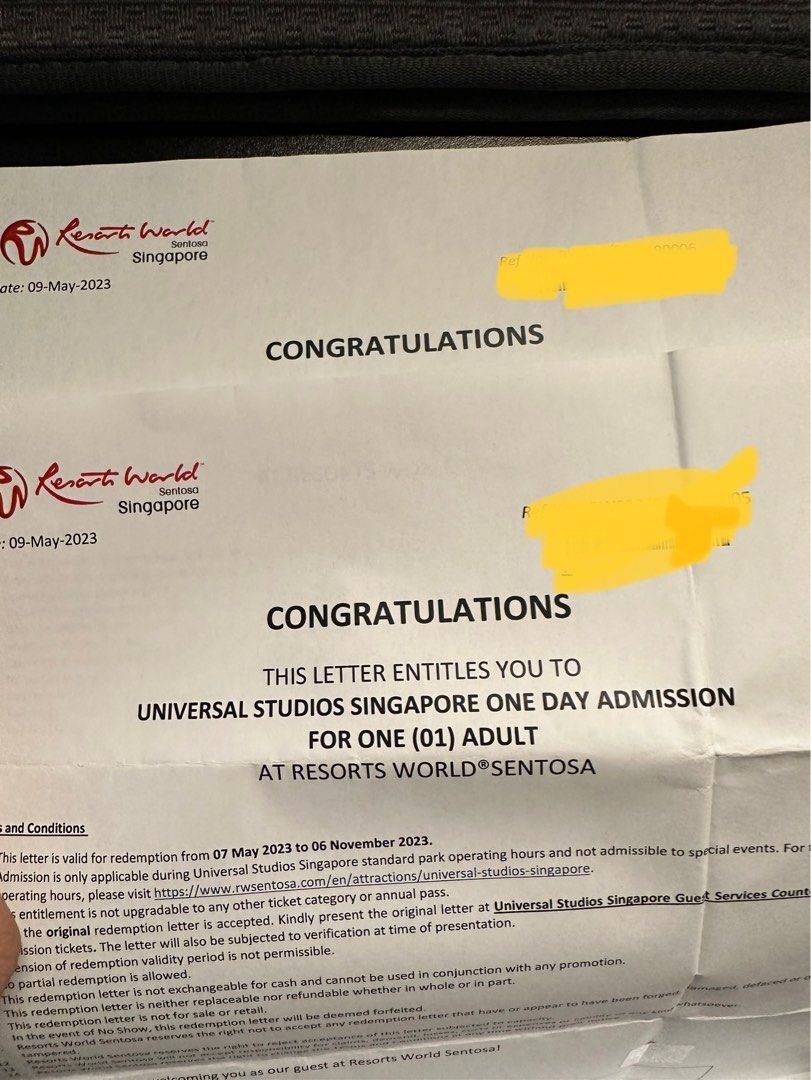 Universal Studios Redemption Letter/Tickets, Tickets & Vouchers, Local ...