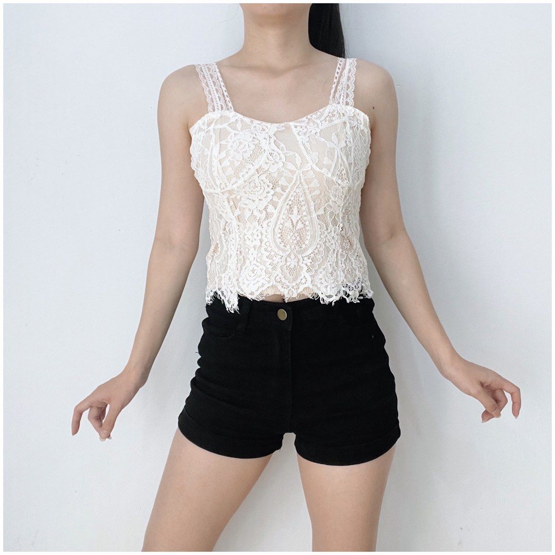 White Lace Nude Cream Tank Top Bustier Sexy Party Beach Club Atasan Renda Brokat Putih Creme ...