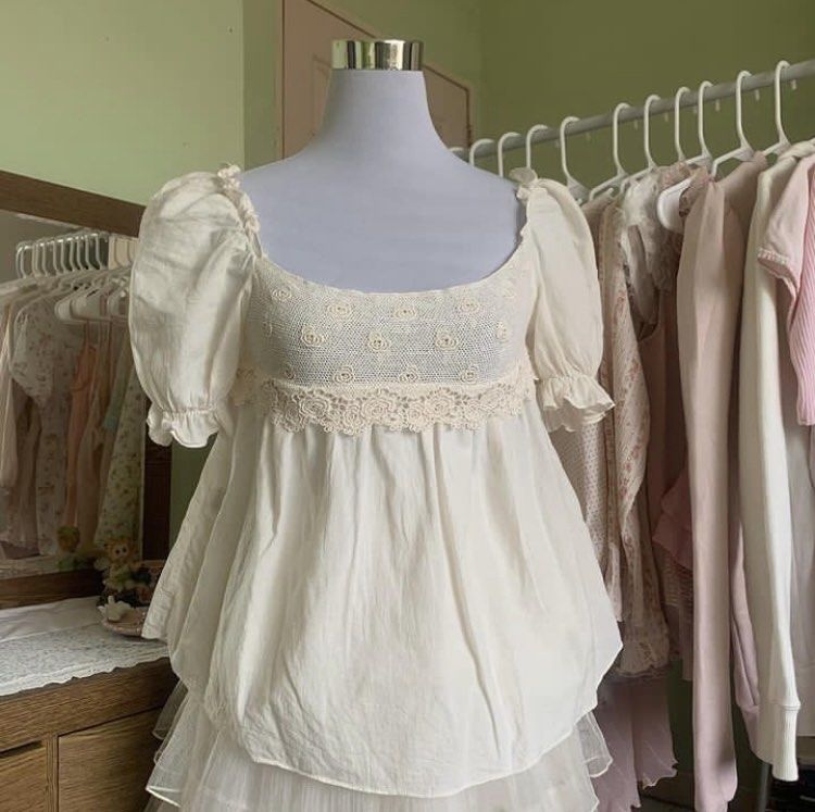 Cream White Coquette Cottagecore Lace Puff Sleeve Blouse Top, Women's ...