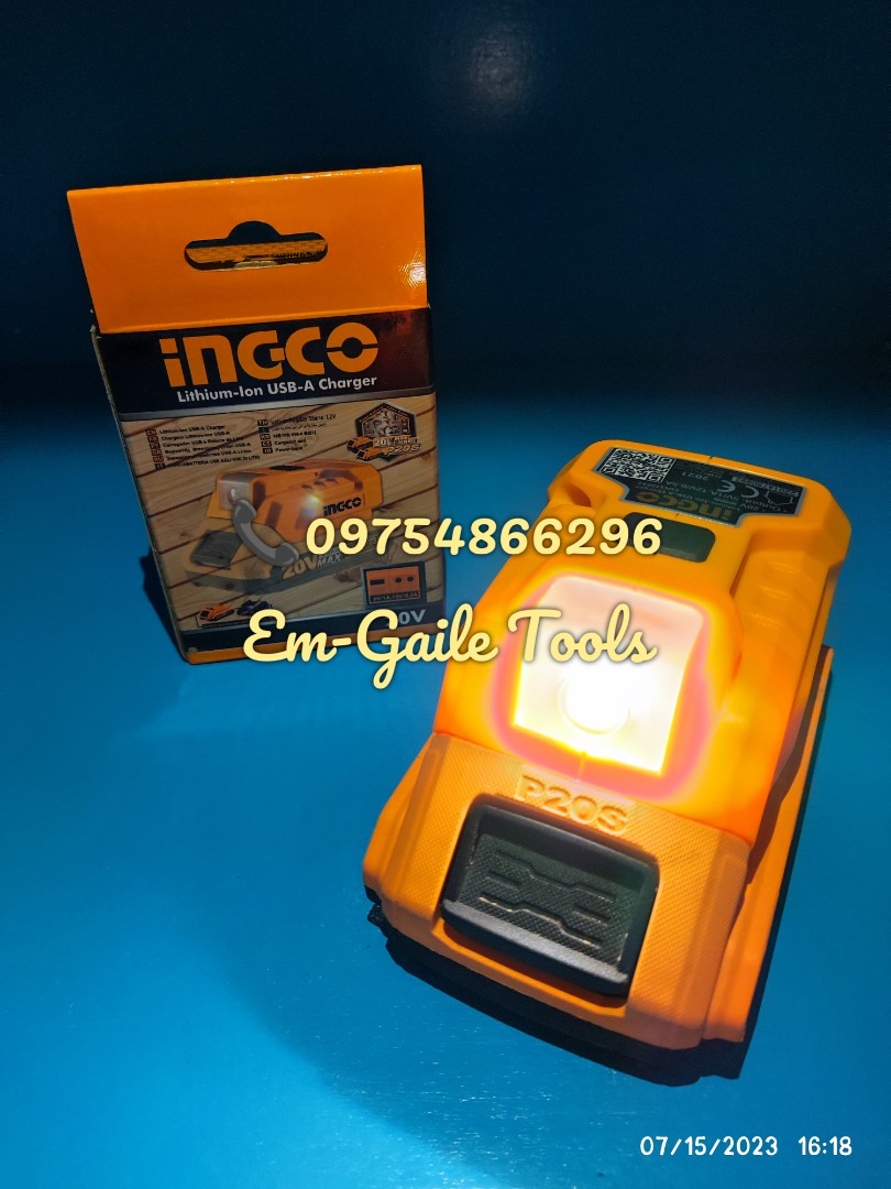 INGCO Li-Ion Cordless USB-A Charger with Light (CUCLI2022), Furniture ...