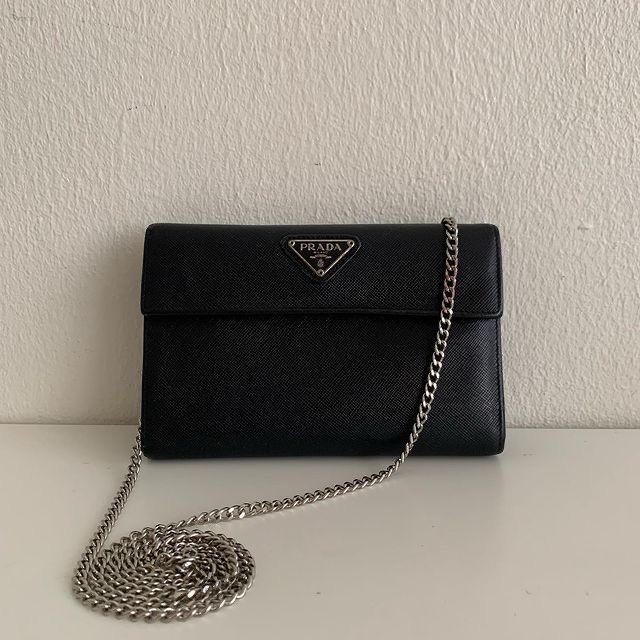 Prada short trifold wallet in saffiano leather with 3rd party chain ...