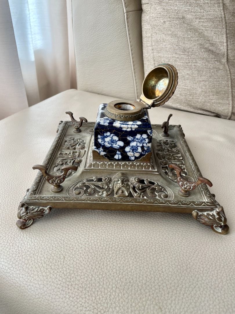 Vintage Victorian era glass ink pot on brass stand, Furniture & Home ...