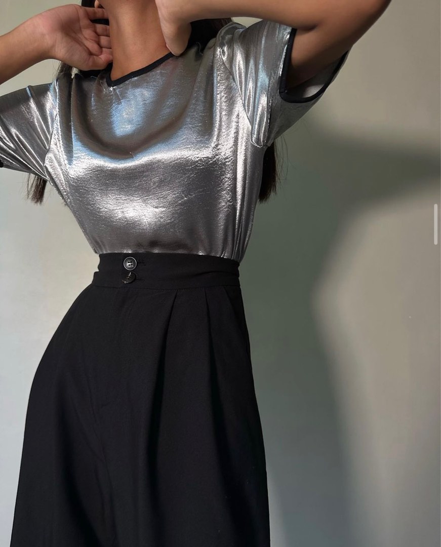 Classy metallic silver Top with black contrast outline || Fits up to L ...