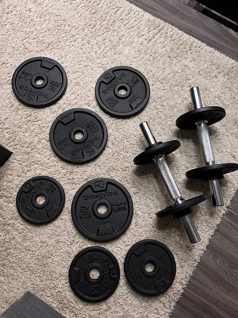 Decathlon Domyos adjustable dumbells (up to 10kg each), Sports ...