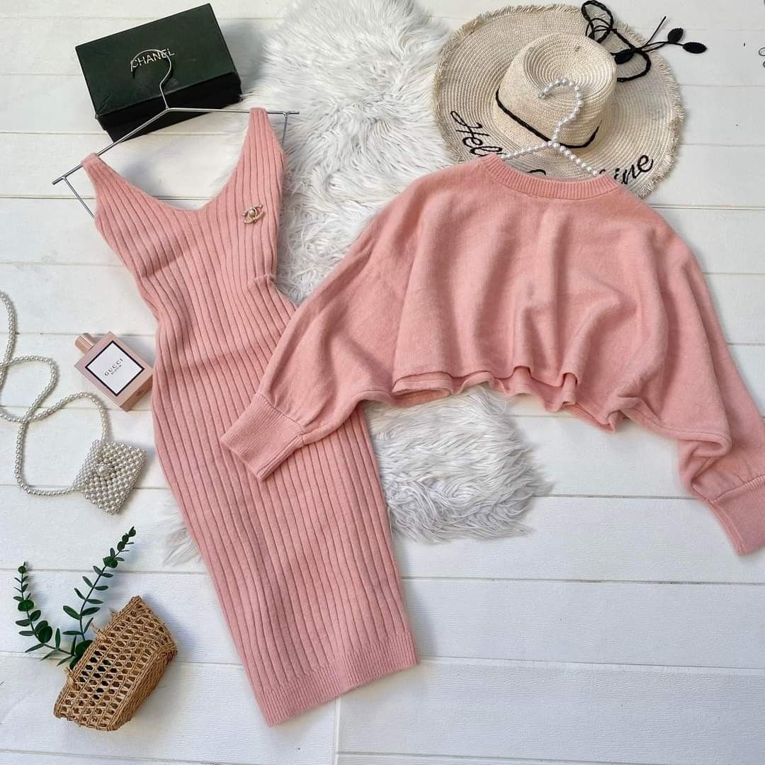 Knitted Pastel pink coordinates dress, Women's Fashion, Dresses & Sets ...