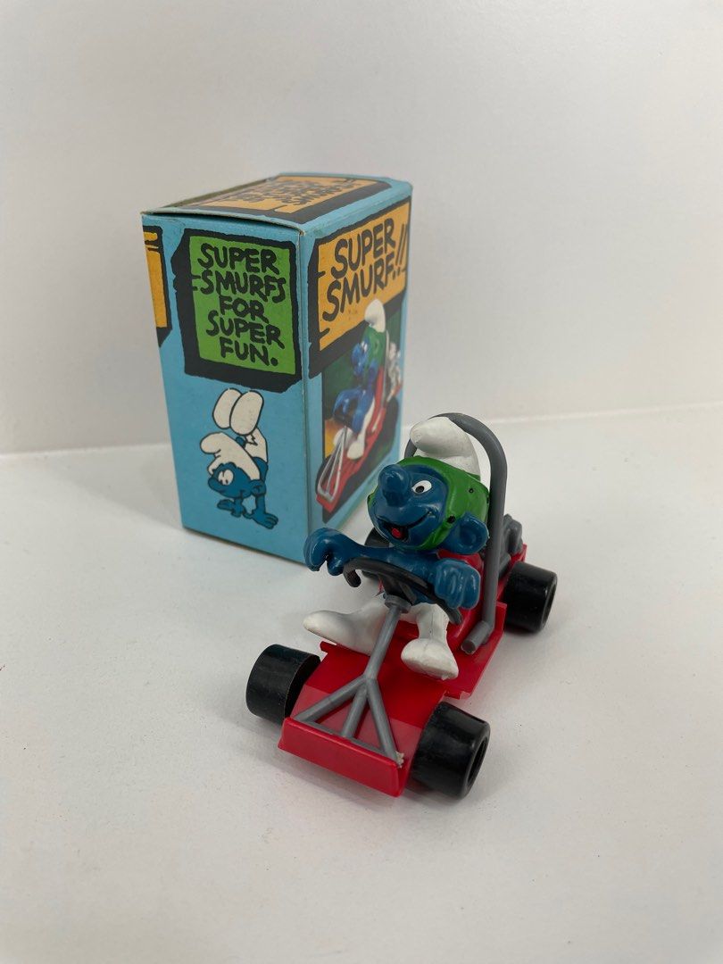 Vintage 1981 Smurf Figure Peyo Schleich Super Smurf Go Cart complete ...