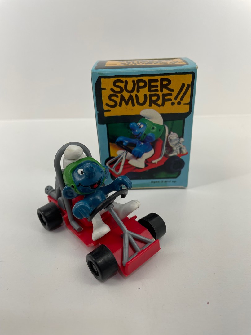 Vintage 1981 Smurf Figure Peyo Schleich Super Smurf Go Cart complete ...