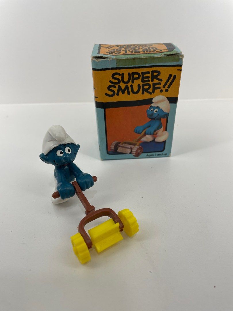 Vintage 1981 Super Smurf LAWN MOWER complete with BOX Schleich Peyo ...