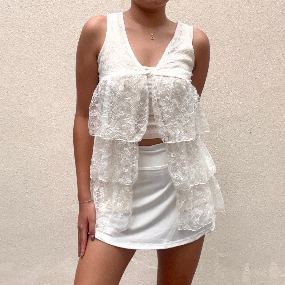 Vintage 90s Coquette Floral Lace Tiered Open Front in Pearl White ...