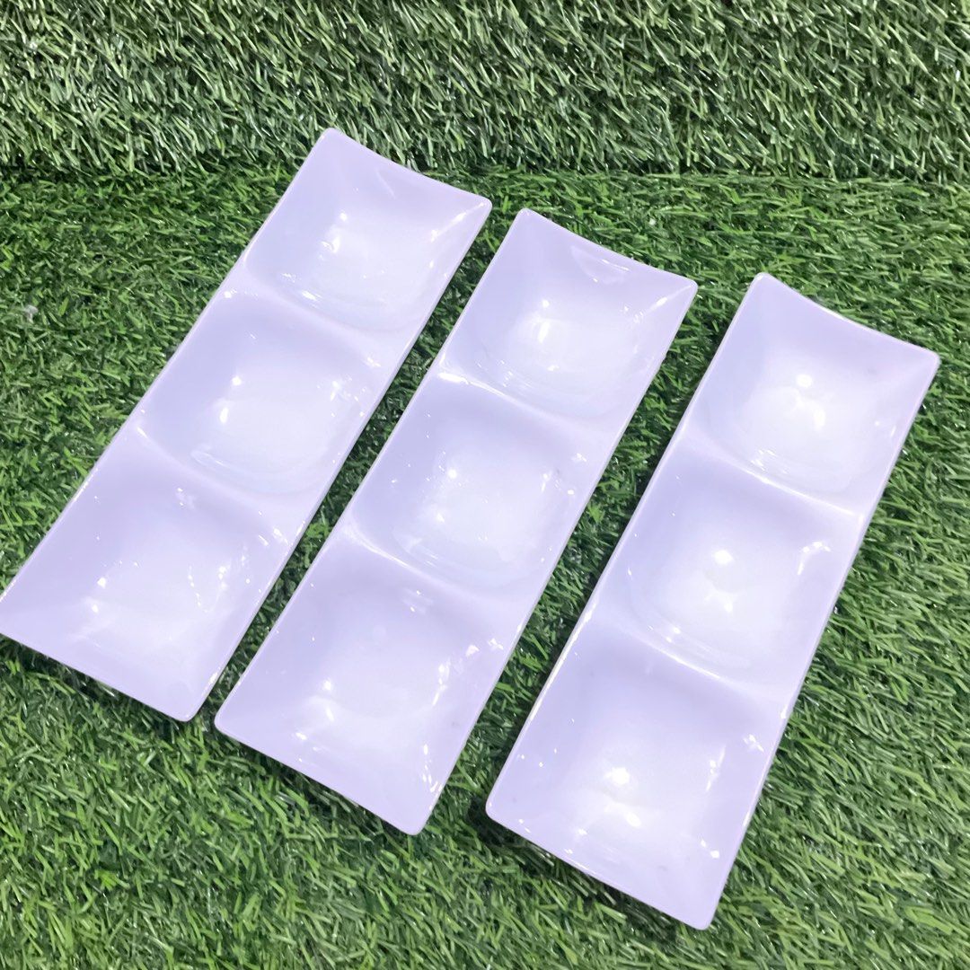 White Ceramic Trio Divider Dipping Soy Dish 10” x 3.5” inches, 3pcs ...