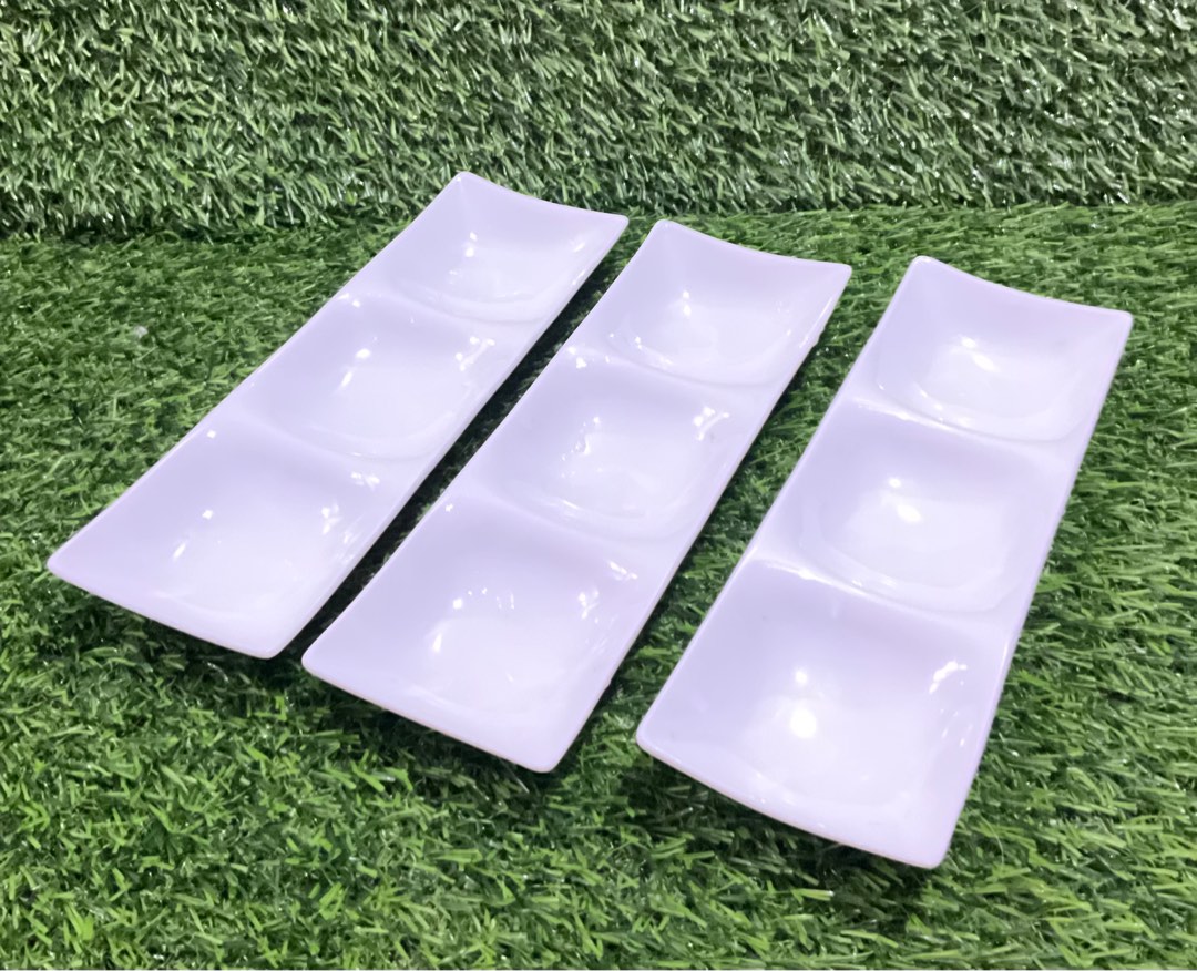 White Ceramic Trio Divider Dipping Soy Dish 10” x 3.5” inches, 3pcs ...