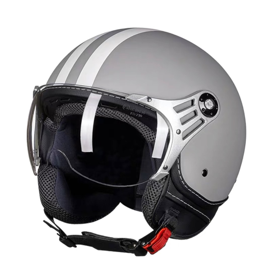 Grey with White Stripes Retro Open Face with Lens Fighter Motorcycle ...