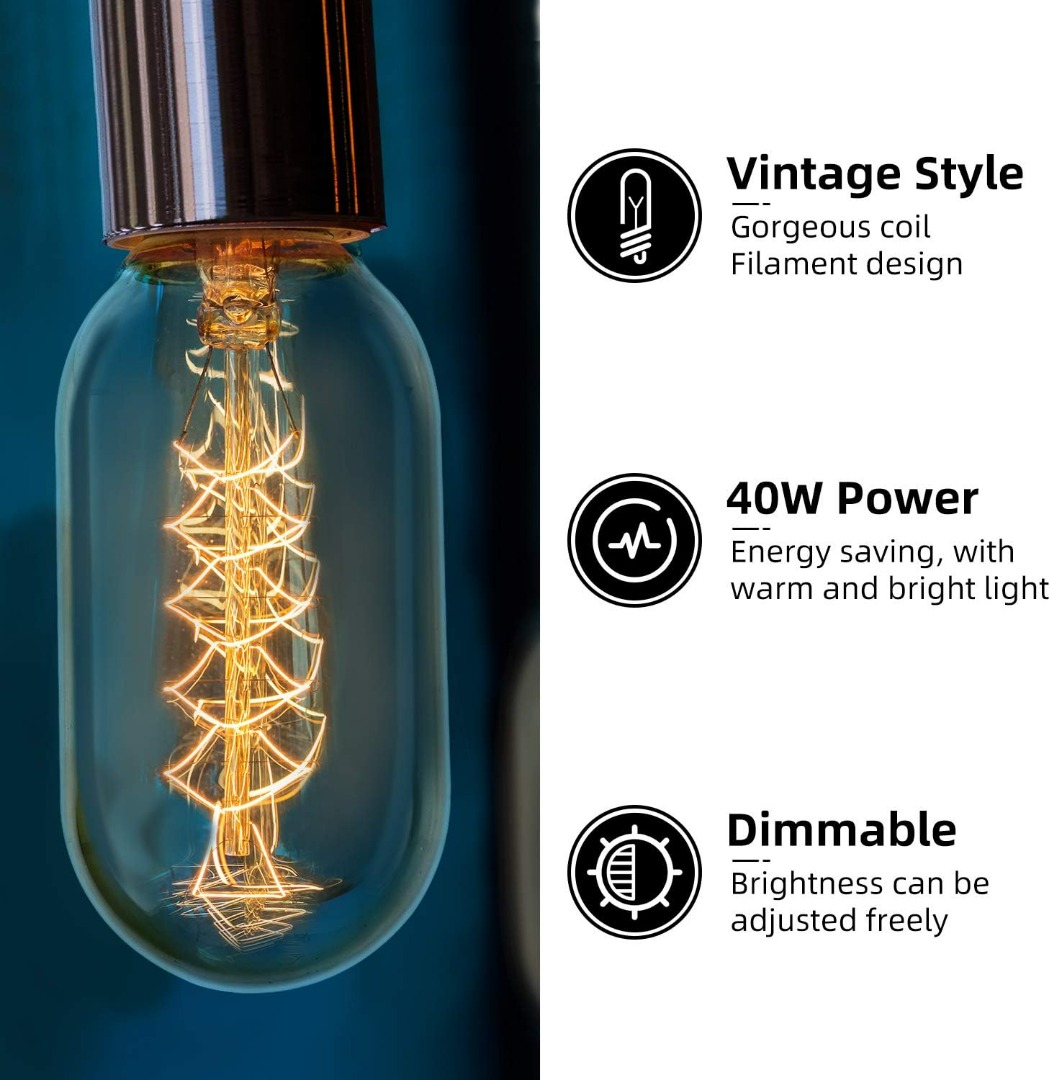 3159) T45 EDISON BULB, 40 WATT ANTIQUE VINTAGE E26 BASE DIMMABLE AMBER GLASS INCANDESCENT LIGHT ...