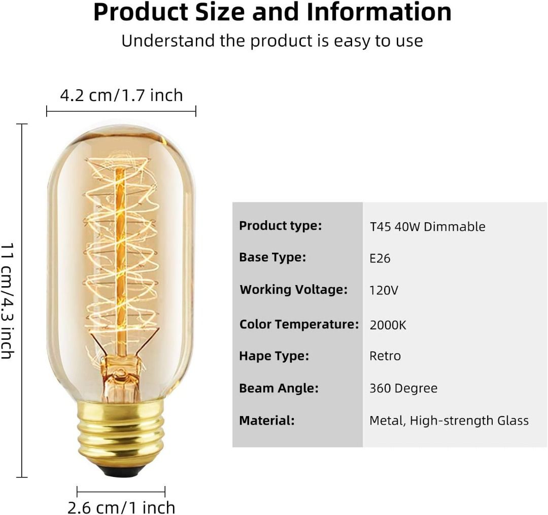 3159) T45 EDISON BULB, 40 WATT ANTIQUE VINTAGE E26 BASE DIMMABLE AMBER GLASS INCANDESCENT LIGHT ...