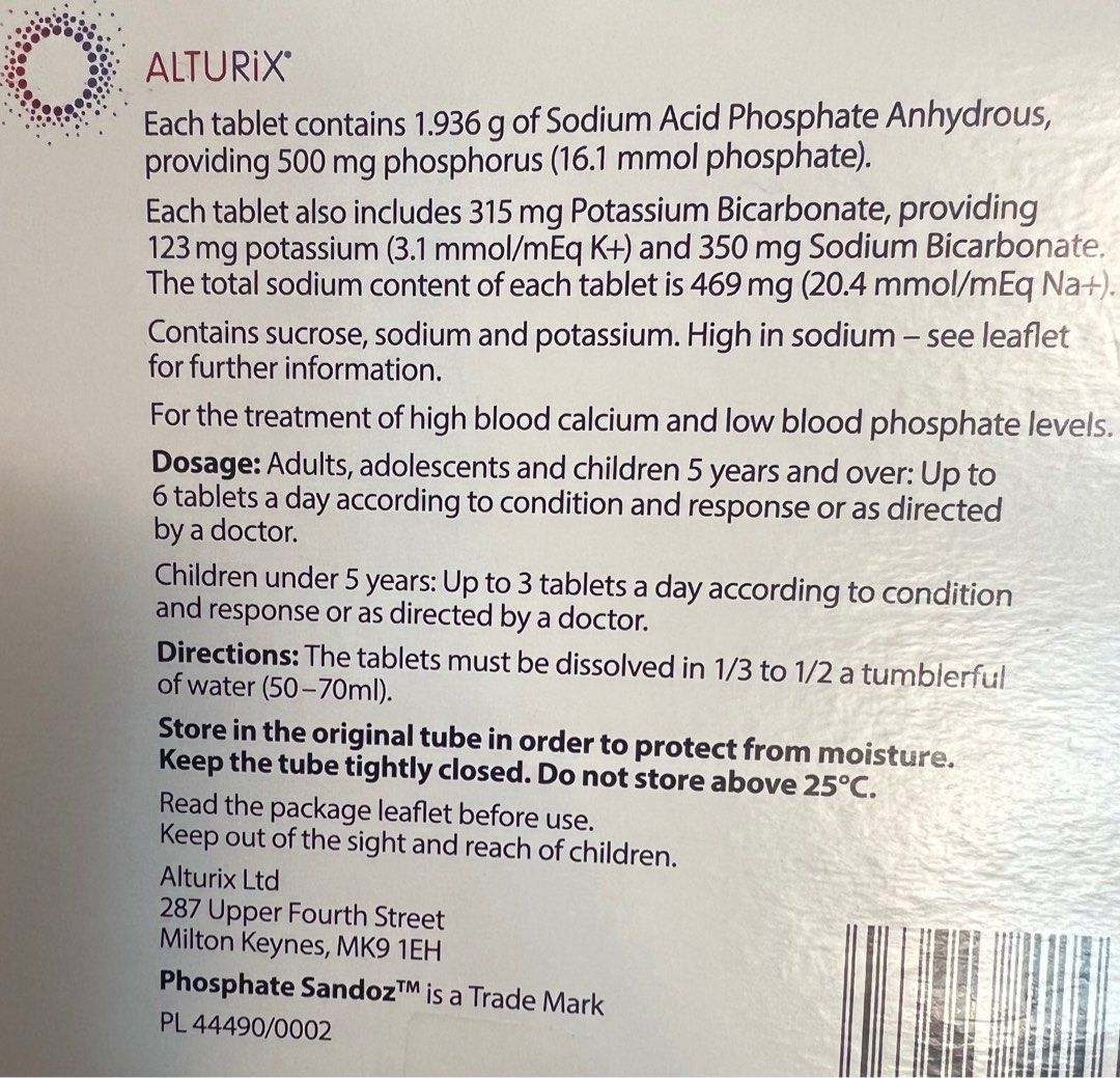磷質 補充劑，Phosphorus Supplements， Phosphate Sandoz 500mg phosphorus: (Sodium acid phosphate) 100 (5 ...