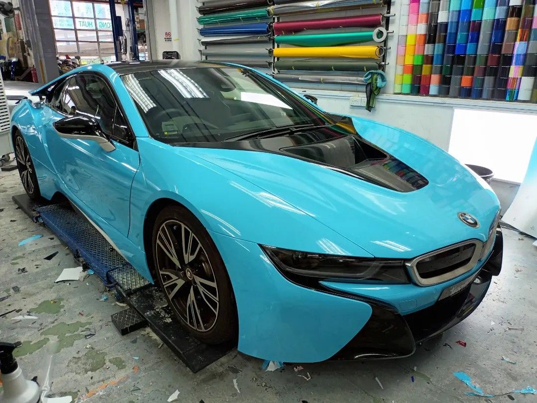 Bmw i8 full car wrap sky blue, Car Accessories, Car Workshops ...