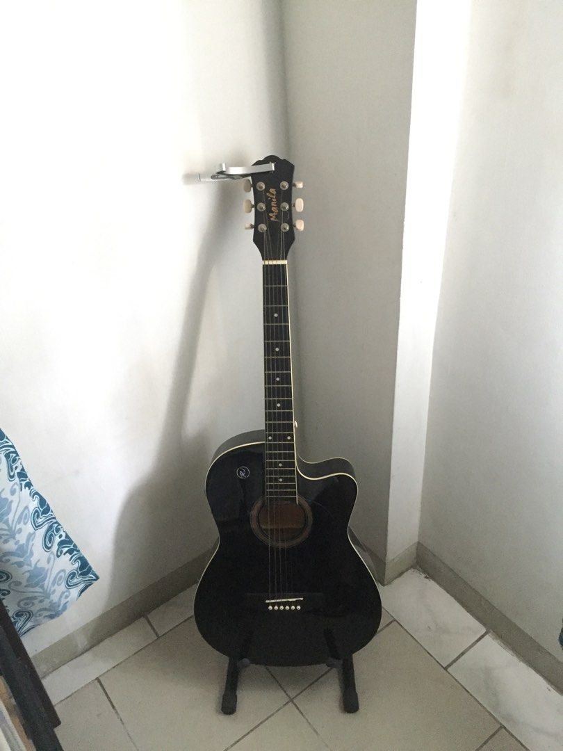 RJ Guitars Deluxe Manila Folk Steel Acoustic Guitar - Black (EQ w ...