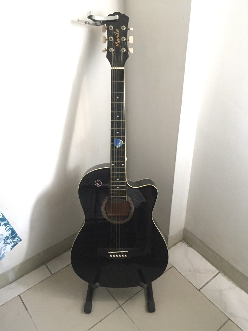 RJ Guitars Deluxe Manila Folk Steel Acoustic Guitar - Black (EQ w/ Tuner), Hobbies & Toys, Music ...