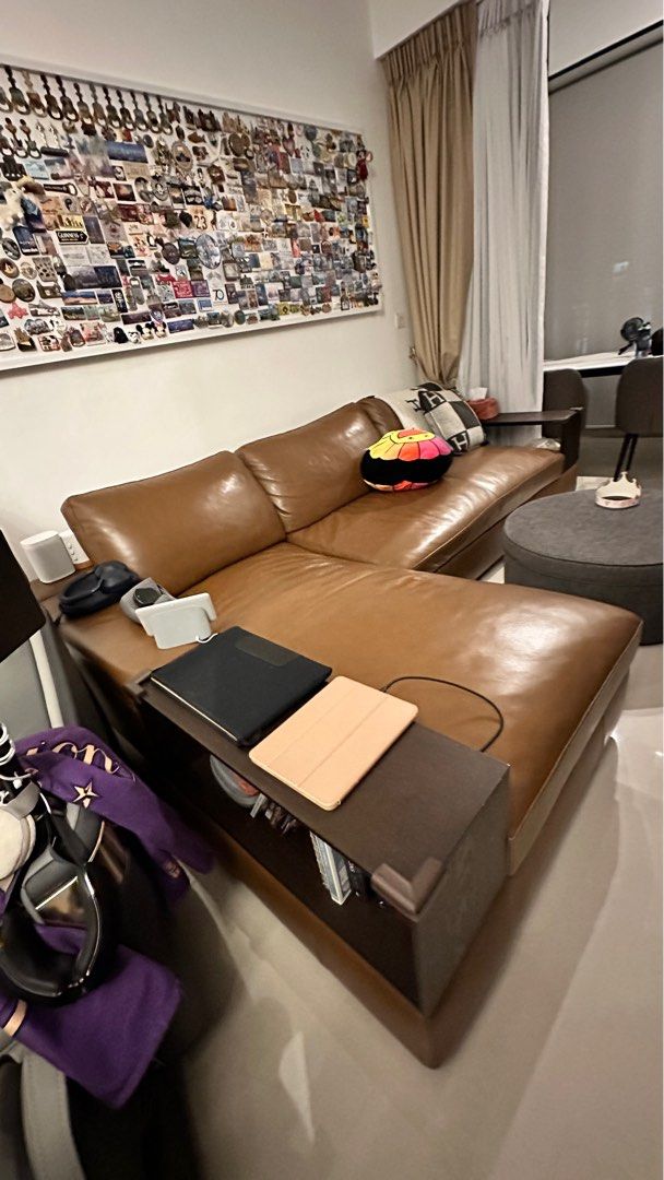 King Living storage and genuine leather 3 seater L shaped sofa., Furniture & Home Living ...