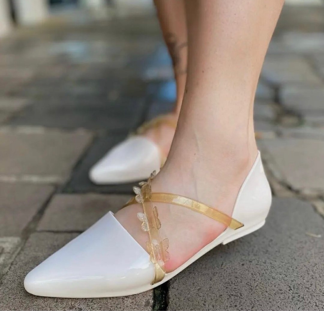 Melissa Shoes Pointy Strape Fly White (Cantik bgt!!), Fesyen Wanita ...