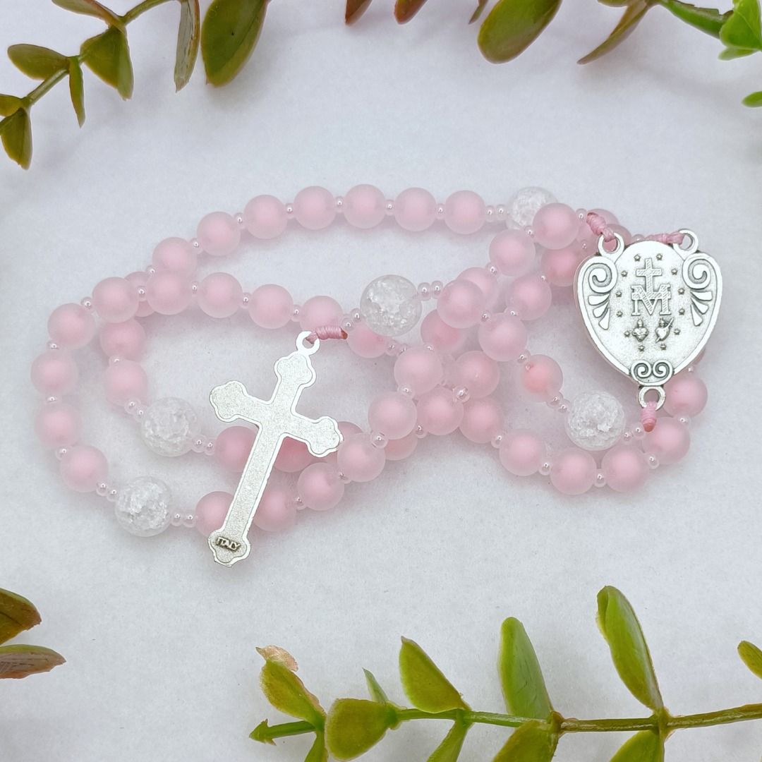 Our Lady of Miraculous Rosary with Matte Pink and White Acrylic Beads, Miraculous Medal center ...