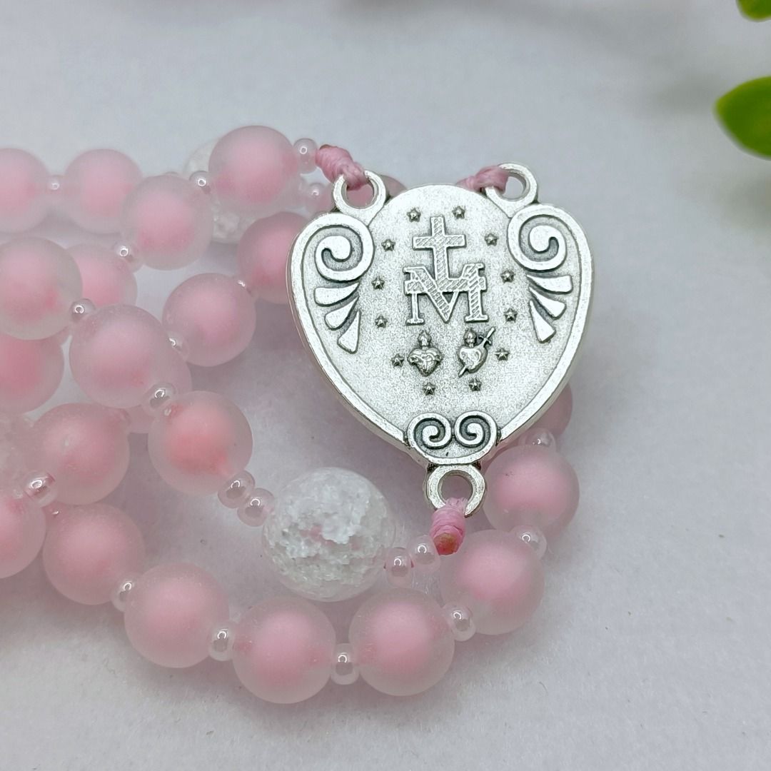 Our Lady of Miraculous Rosary with Matte Pink and White Acrylic Beads, Miraculous Medal center ...
