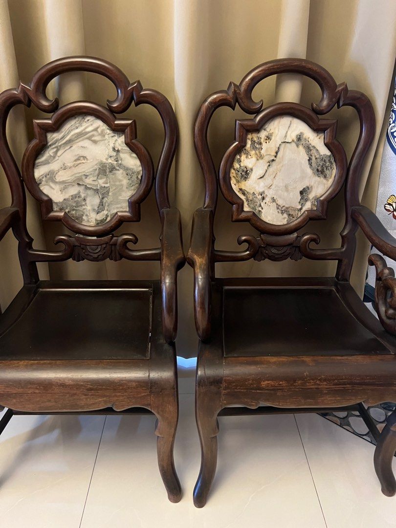 Rare antique Blackwood/Marble chairs (x4) and tea tables (x2 ...