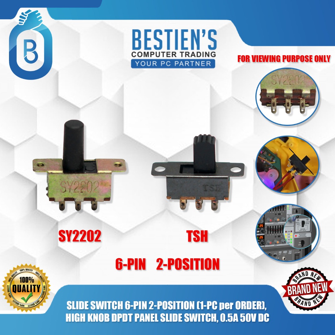 SLIDE SWITCH 6-PIN 3-POSITION (1-PC per ORDER), HIGH KNOB DPDT PANEL SLIDE SWITCH, 0.5a 50V DC ...