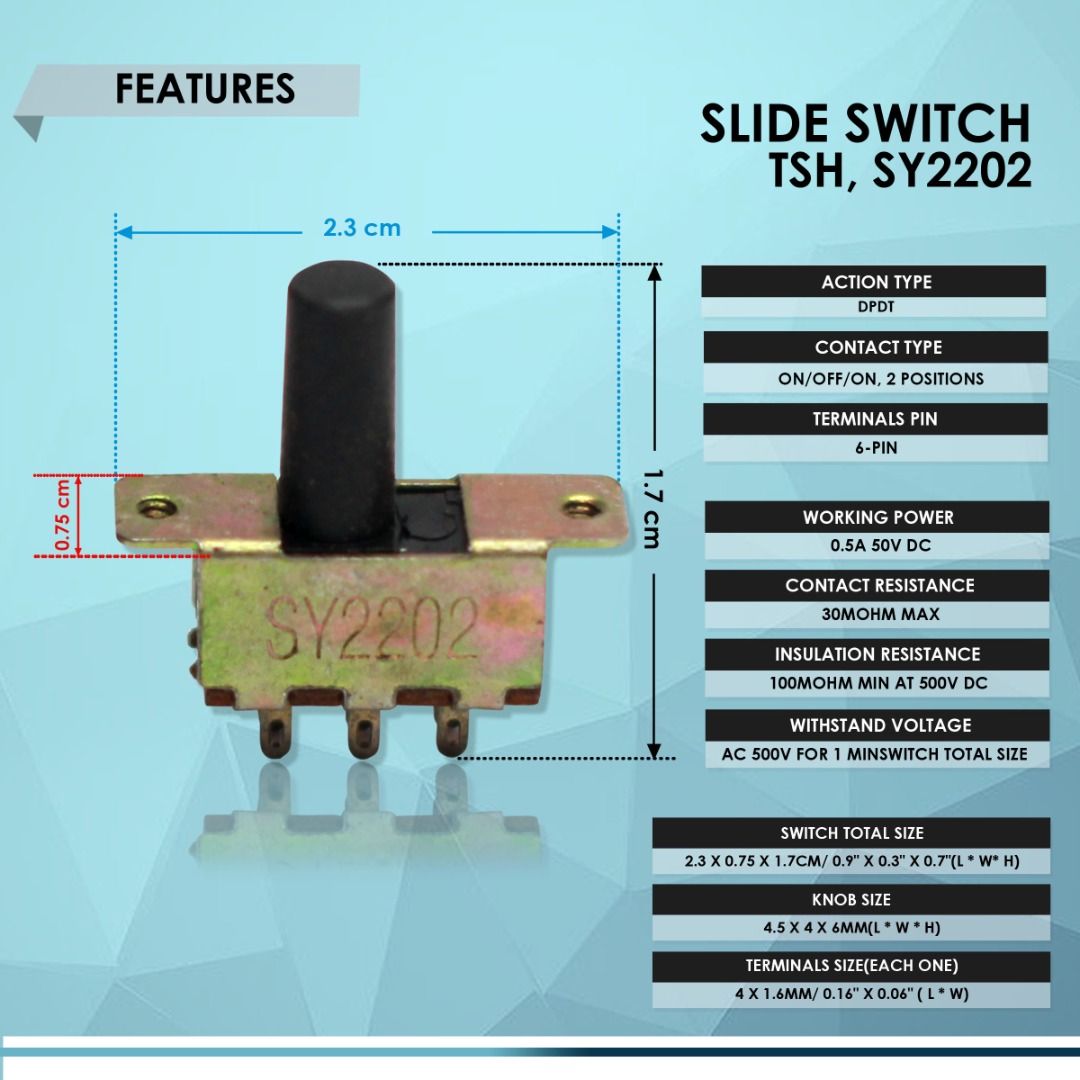 SLIDE SWITCH 6-PIN 3-POSITION (1-PC per ORDER), HIGH KNOB DPDT PANEL SLIDE SWITCH, 0.5a 50V DC ...