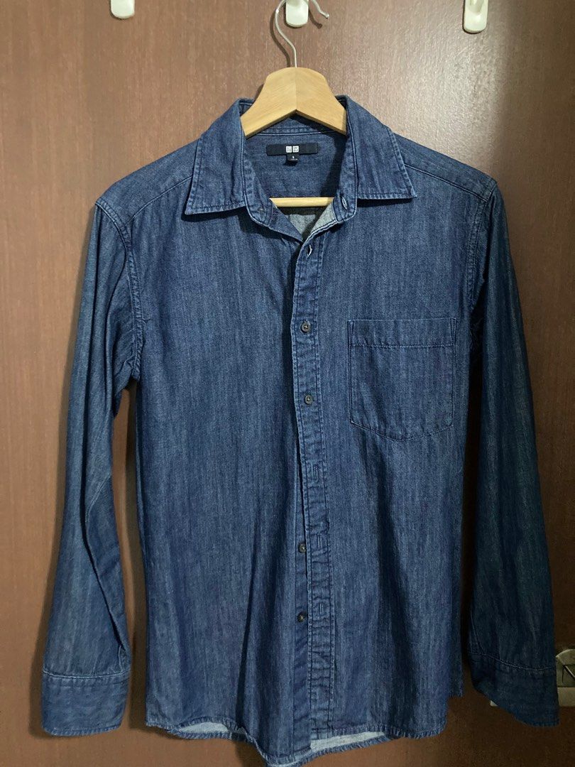 Uniqlo men dark denim Shirt (S), Men's Fashion, Tops & Sets, Formal ...