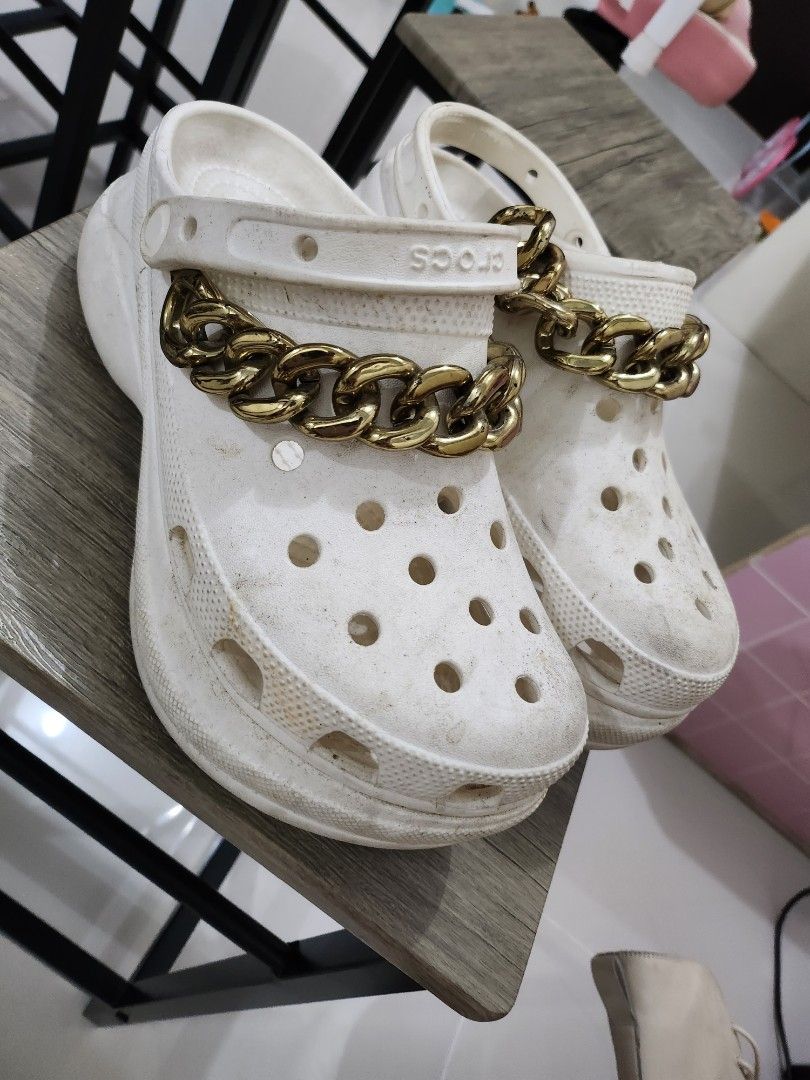 White bae clogs crogs with gold chain on Carousell