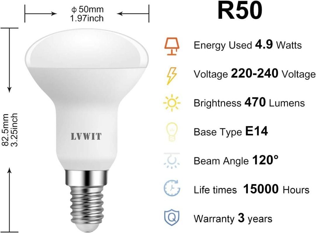 [C0304] LVWIT R50 E14 LED Bulb, 6-Pack, Reflector 4.5W 6500K Daylight ...