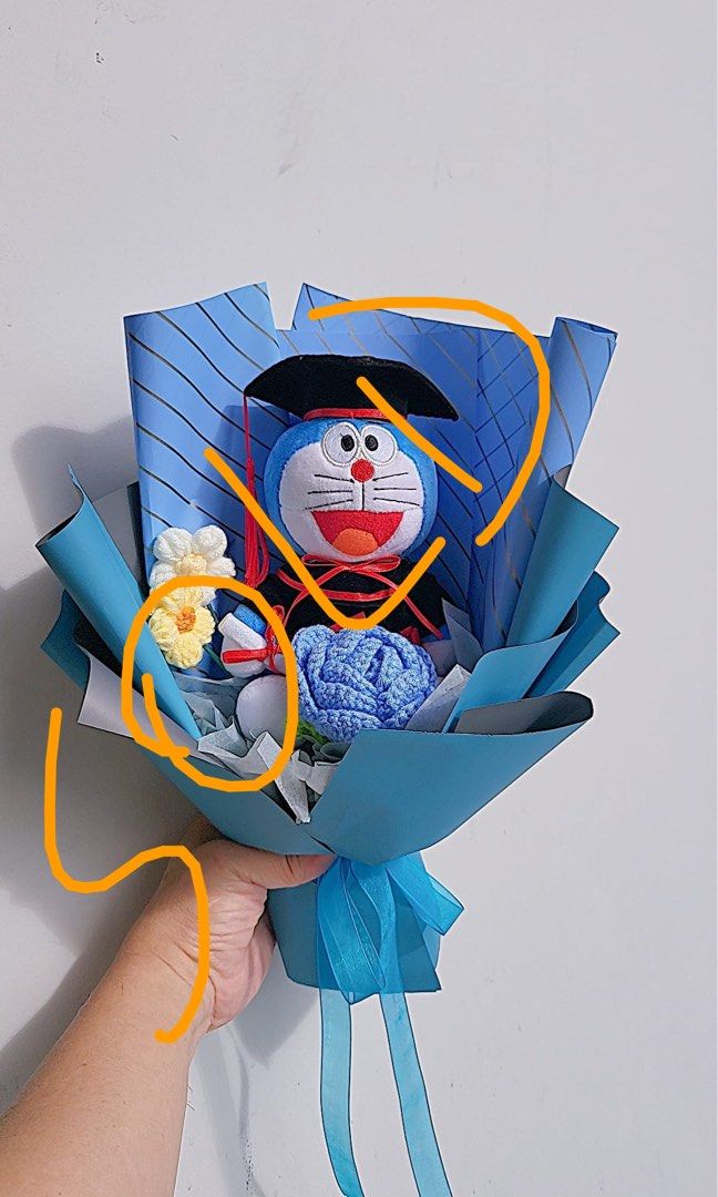 Graduation bear/Doraemon/ Hello Kitty with crochet flowers or soap ...