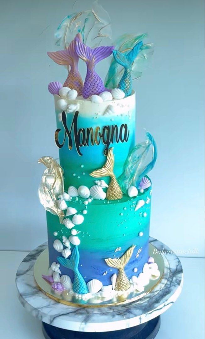 Mermaid 2 tier cake, Food & Drinks, Homemade Bakes on Carousell