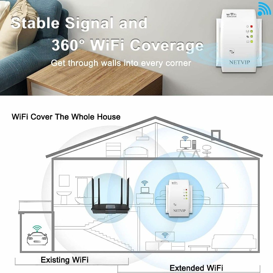 NETVIP N300 WiFi Extender, 300Mbps Repeater, Internet Booster with ...