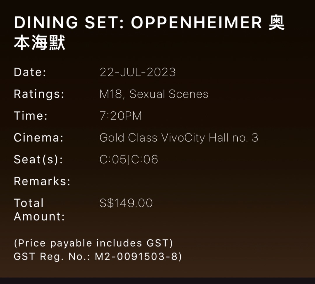 Oppenheimer 22 July (GV Vivo Gold Class Dinning Set), Tickets ...