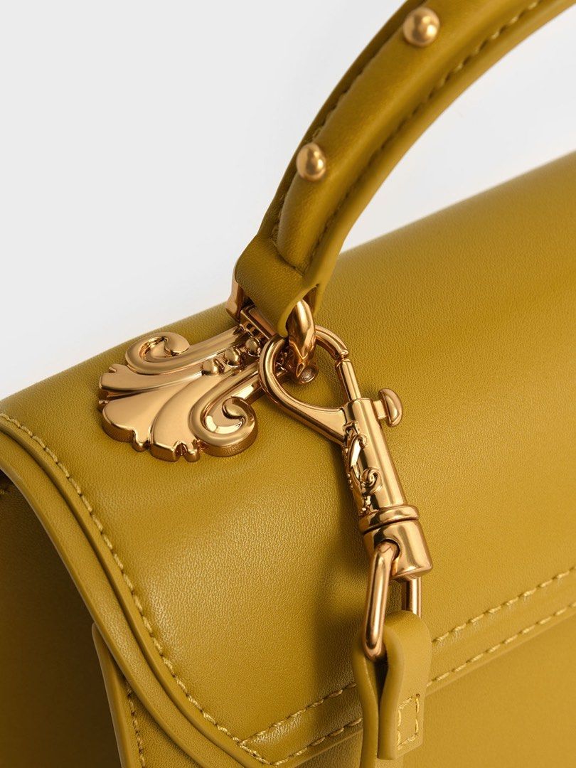 Original Charles & Keith Meriah Studded Top Handle Bag - Mustard, Women ...