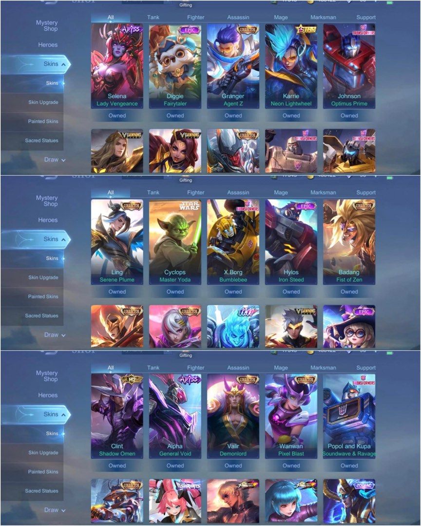 STACKED 626 SKINS, 8 LEGEND+12 COLLECTOR MOBILE LEGENDS ACCOUNT#263 ...