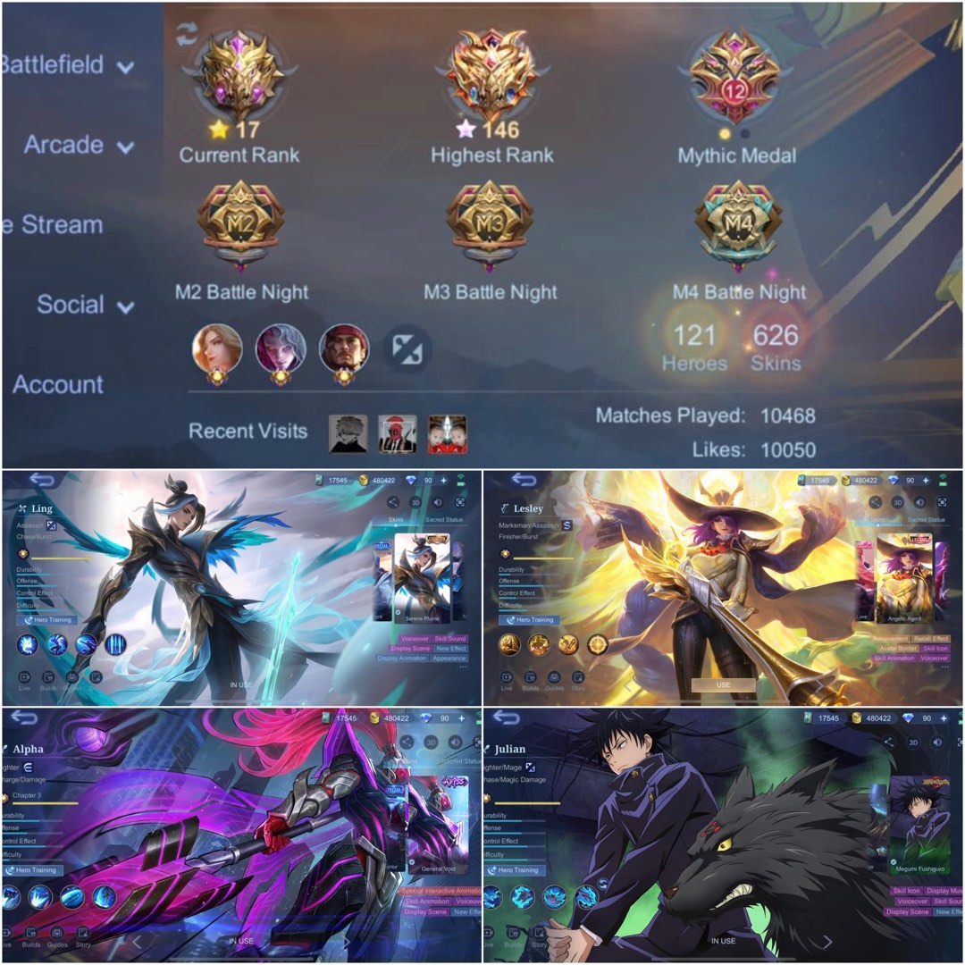 STACKED 626 SKINS, 8 LEGEND+12 COLLECTOR MOBILE LEGENDS ACCOUNT#263 ...