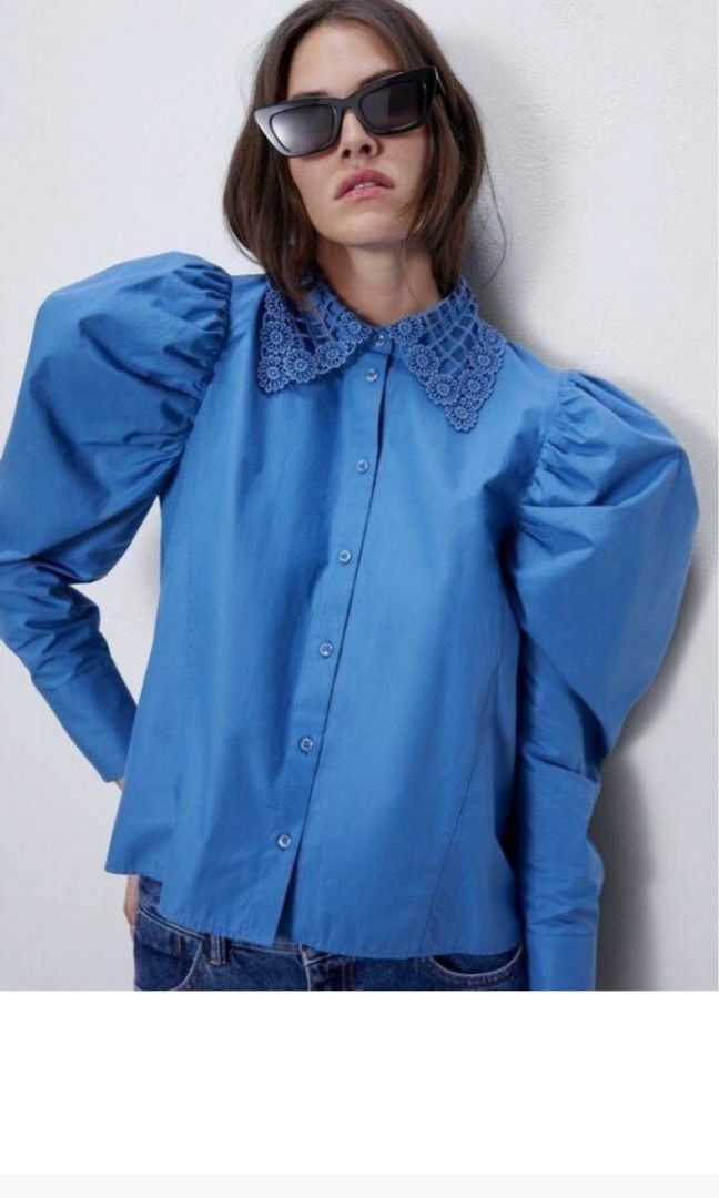 ZARA PUFF SLEEVE BLOUSE EMBROIDERED PETER PAN NECK, Women's Fashion ...