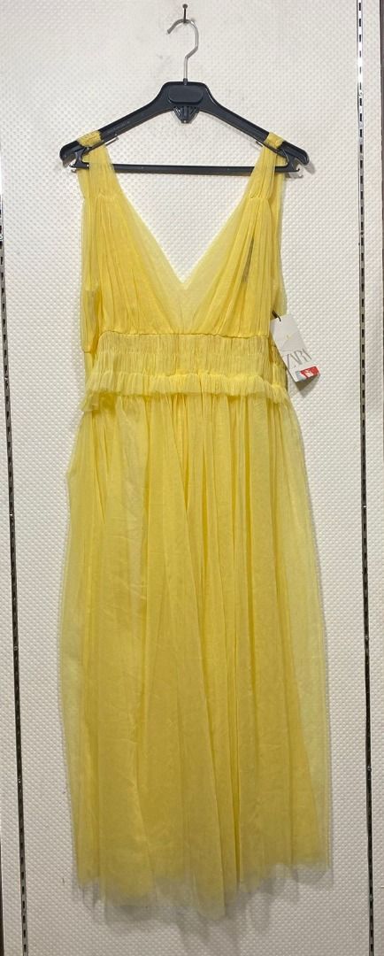 ZARA YELLOW RUFFLED TULLE DRESS, Fesyen Wanita, Pakaian Wanita, Gaun ...