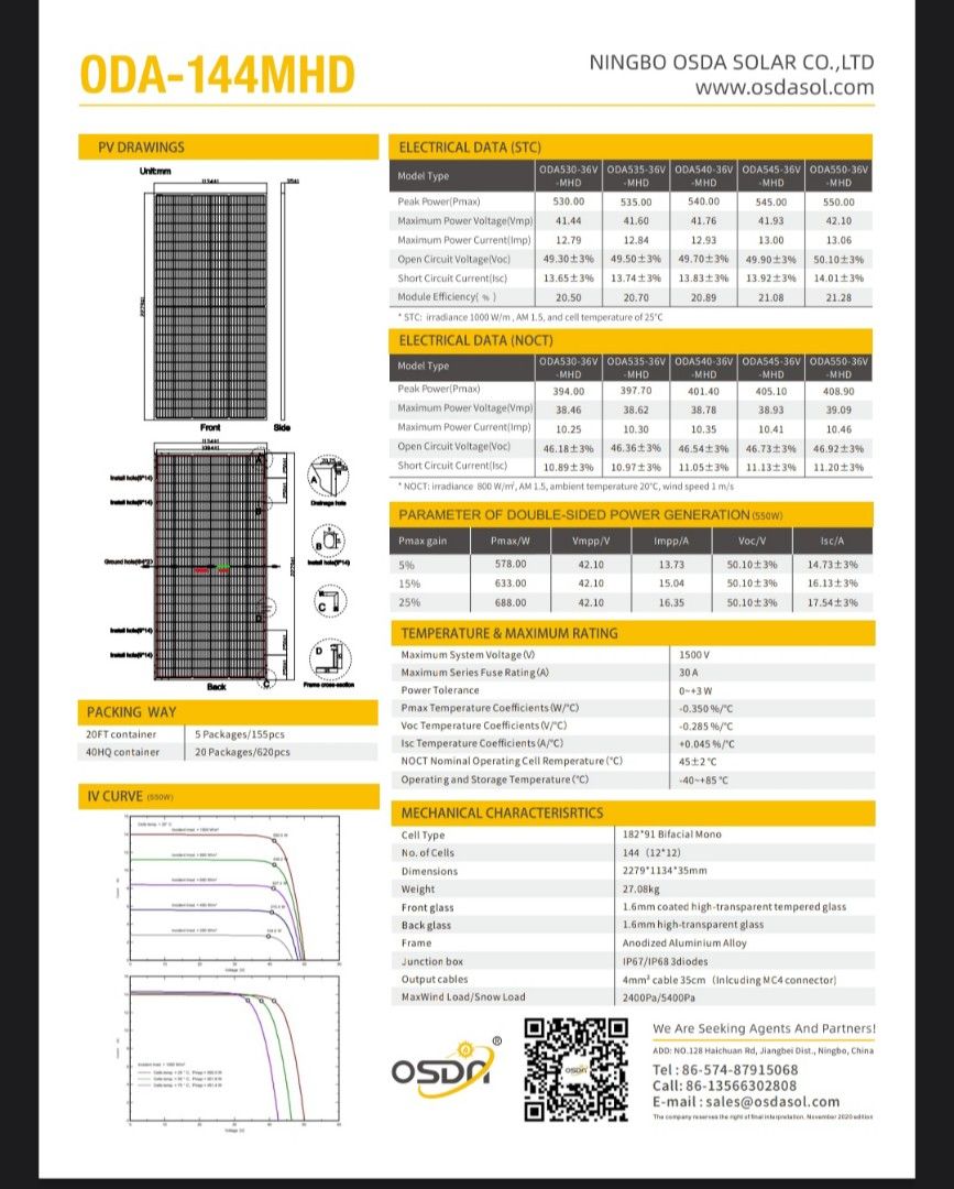 (Less P1200!) Osda 550w Bifacial Top Con Mono solar panel, Furniture ...