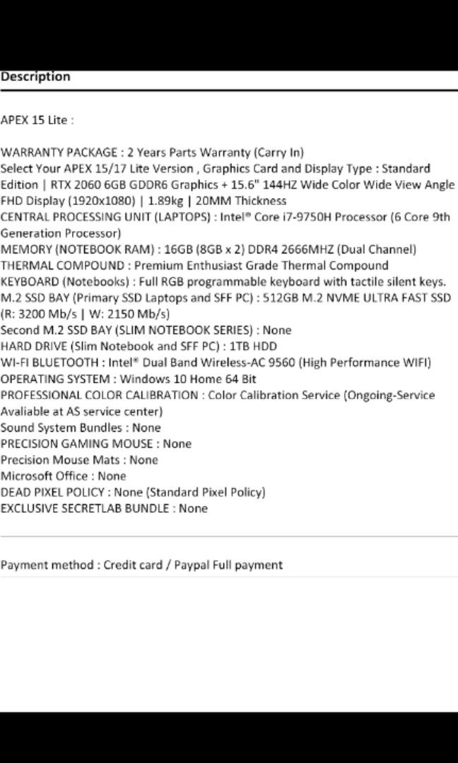 Gaming Laptop Aftershock Apex 15 Lite 15.6" (RTX2060, i7), Computers & Tech, Laptops & Notebooks ...