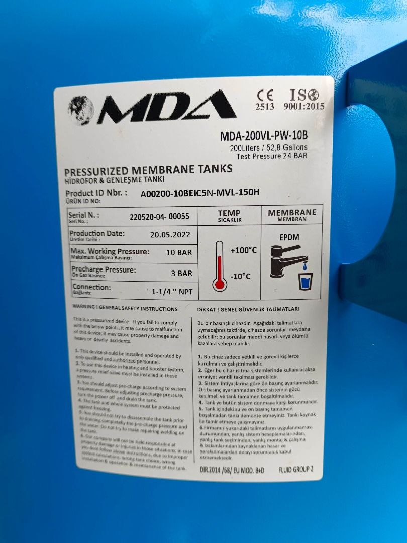 Bladder Tank | Pressurized Membrane Tank 200 Liters, Commercial ...