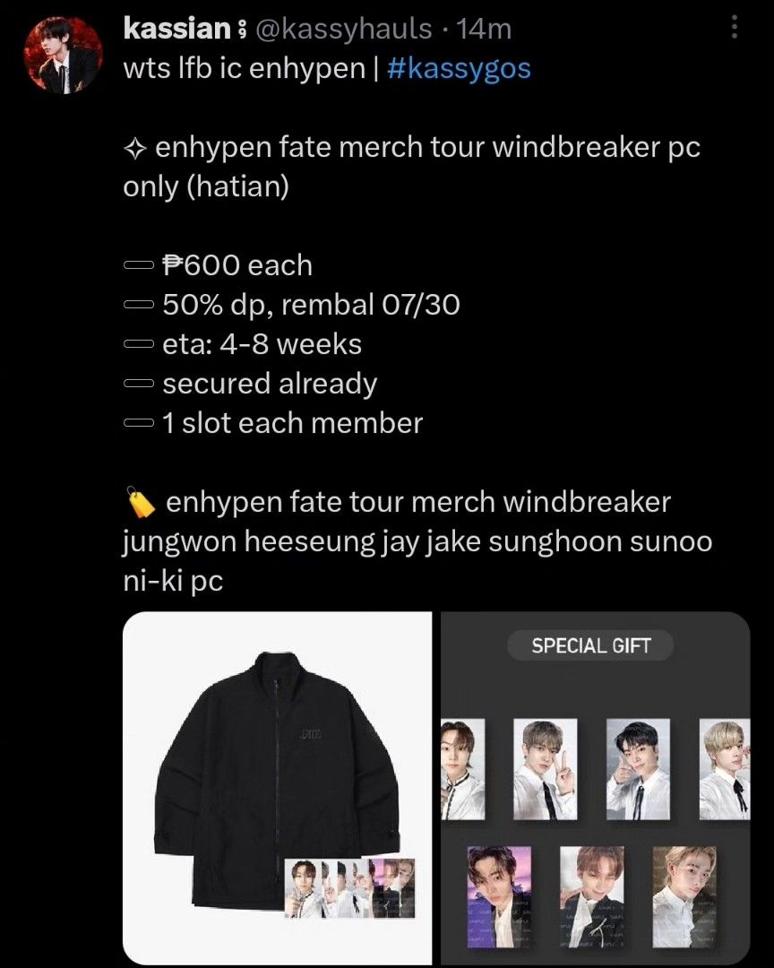 [PREORDER] ENHYPEN FATE TOUR MERCH WINDBREAKER PHOTOCARDS ONLY on Carousell