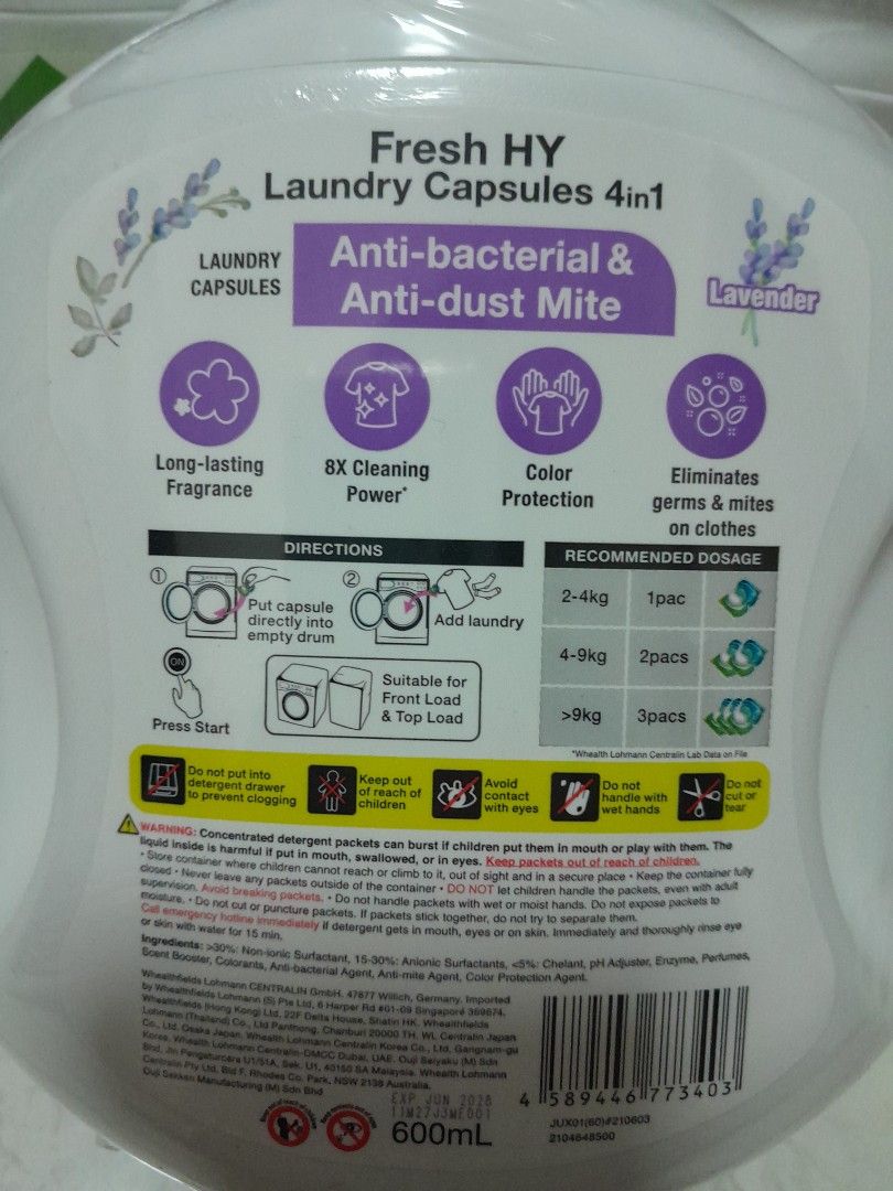 Walch Fresh HY Laundry Capsules 4in1 600ml (60 pacs), Furniture & Home ...