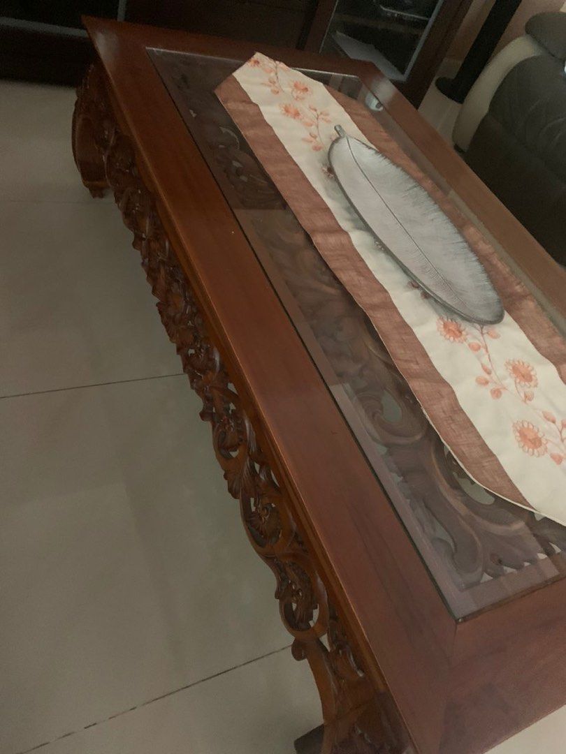 Wood table with glass top / Meja kayu jati, Furniture & Home Living ...