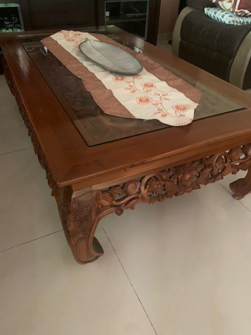 Wood table with glass top / Meja kayu jati, Furniture & Home Living ...