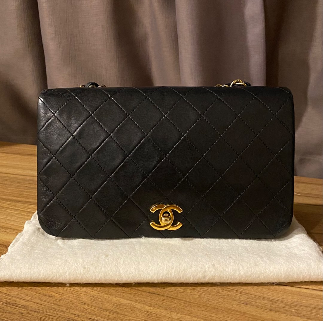 Chanel vintage small classic full flap bag black lamb skin gold ...