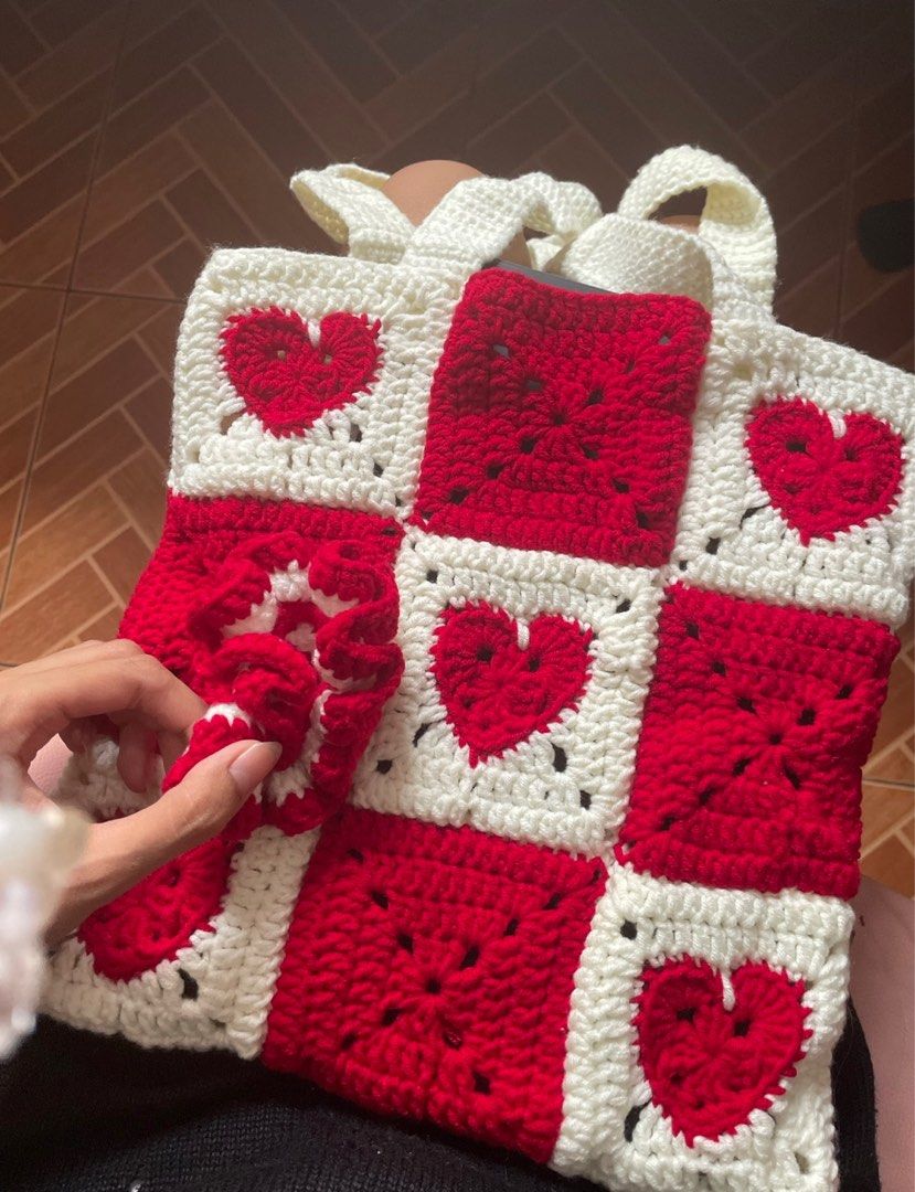 Handmade Dark Red Heart Shaped Granny Squares Tote Bag Coquette ...